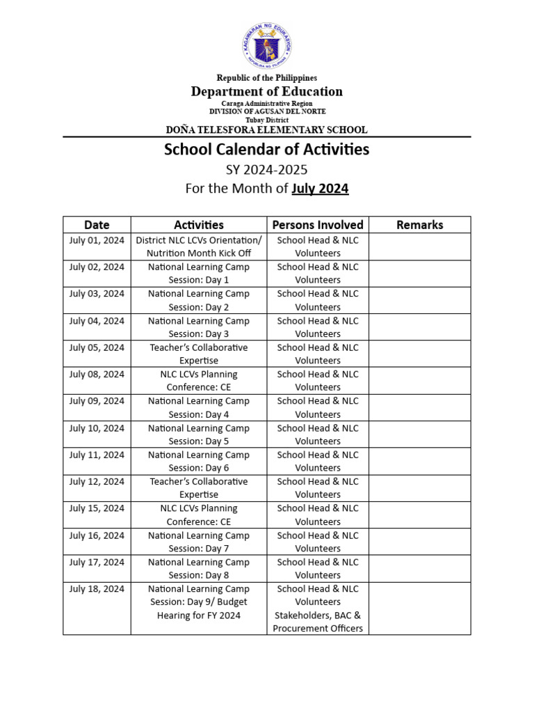 School Calendar of Activities | PDF | Philippines