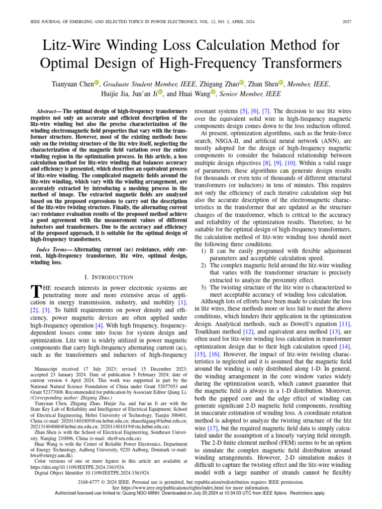 Litz-Wire Winding Loss Calculation Method For Optimal Design of High-Frequency Transformers ...
