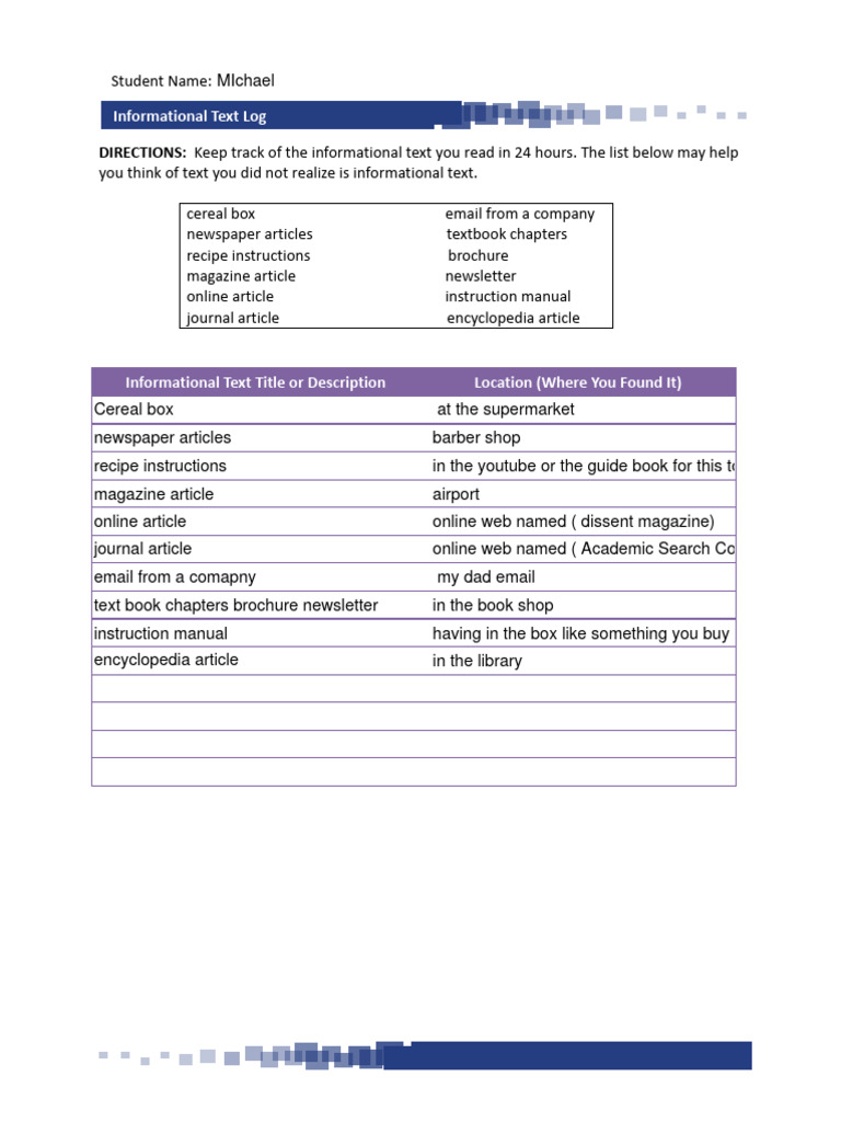 Informational Text Log | PDF