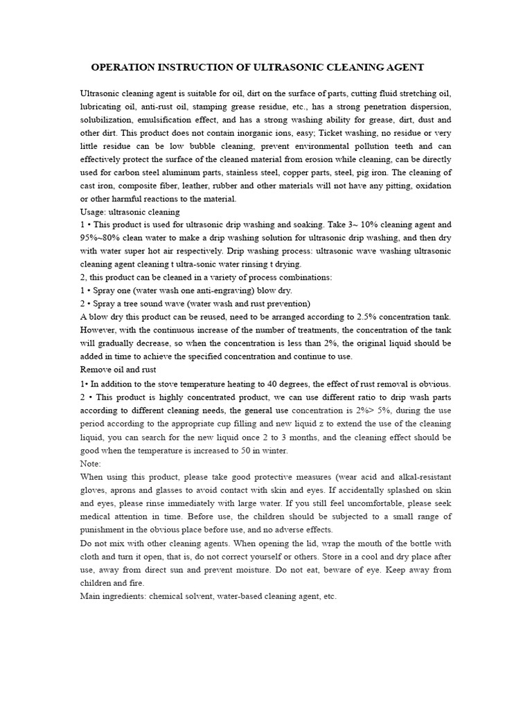 Operation Instruction of Ultrasonic Cleaning Agent | PDF | Water | Soil