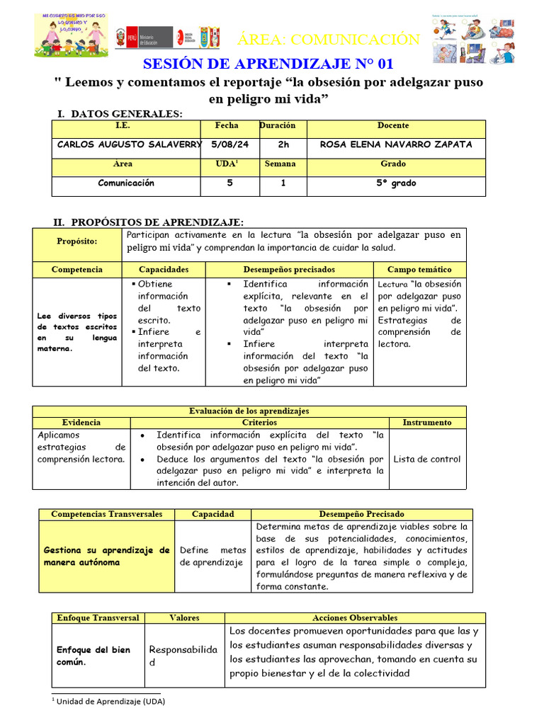 Sesión de Aprendizaje N 1 | PDF | Aprendizaje | Anorexia nerviosa
