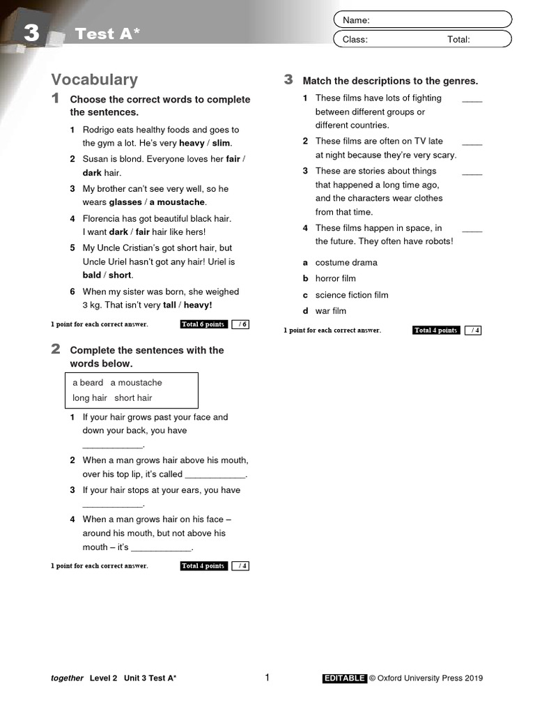 Level 2 Unit 3 Test A Vocabulary & Grammar | PDF