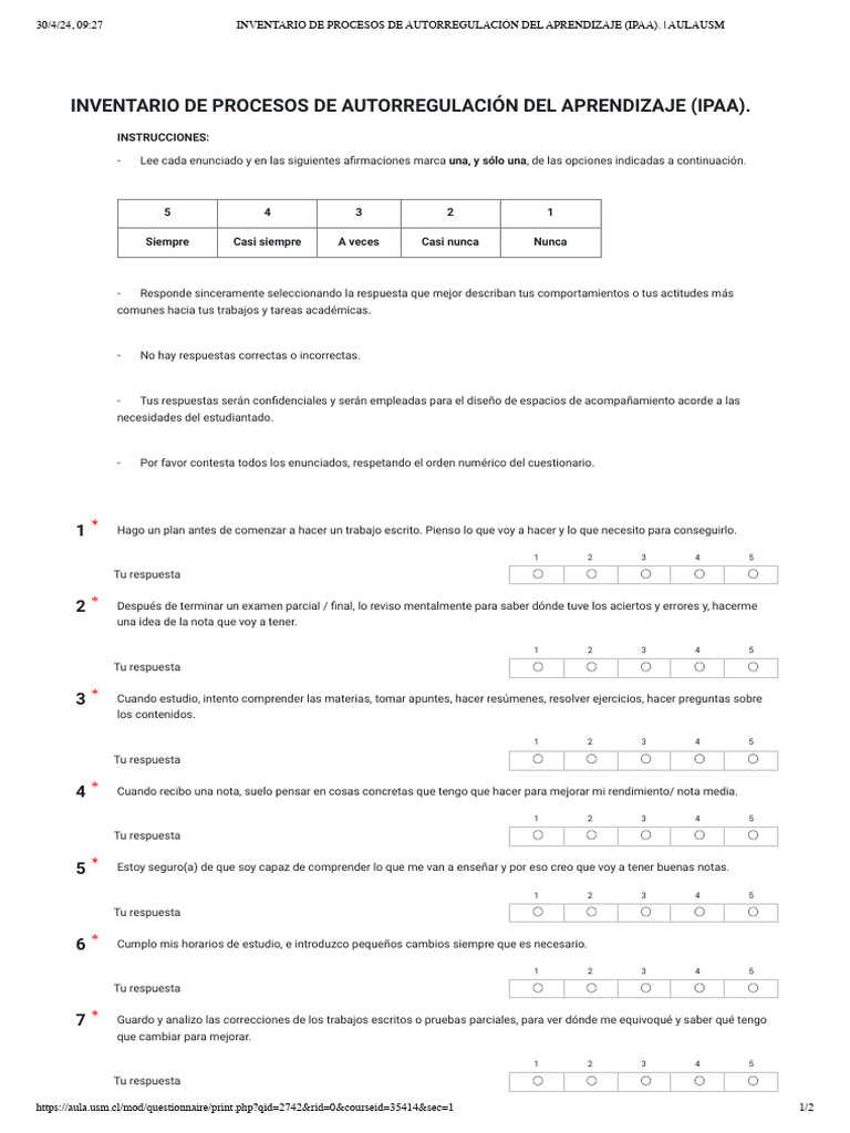 Ipaa - Inventario de Procesos de Autorregulación Del Aprendizaje (Ipaa ...