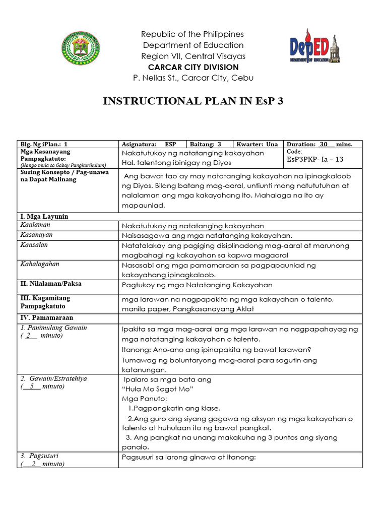 ESP3 - Q1 - IPLAN 1 - Nakatutukoy NG Natatanging Kakayahann | PDF