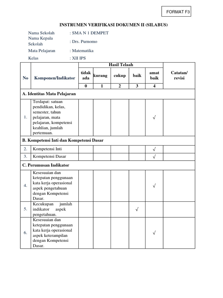 INSTRUMEN VERIFIKASI DOKUMEN II Silabus Matematika XII IPS | PDF