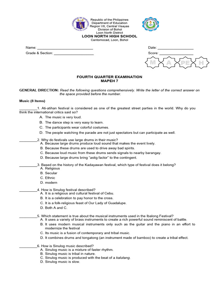 Q4. MAPEH 7 Fourth Quarter Examination | PDF | Cebu