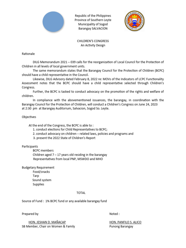 Activity Design - Childrens Congress | PDF | Philippines