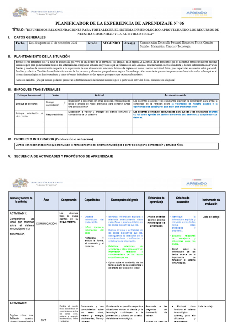 Planificador de Experiencia N°6 - Áreas Integradas | PDF | Porcentaje | Números
