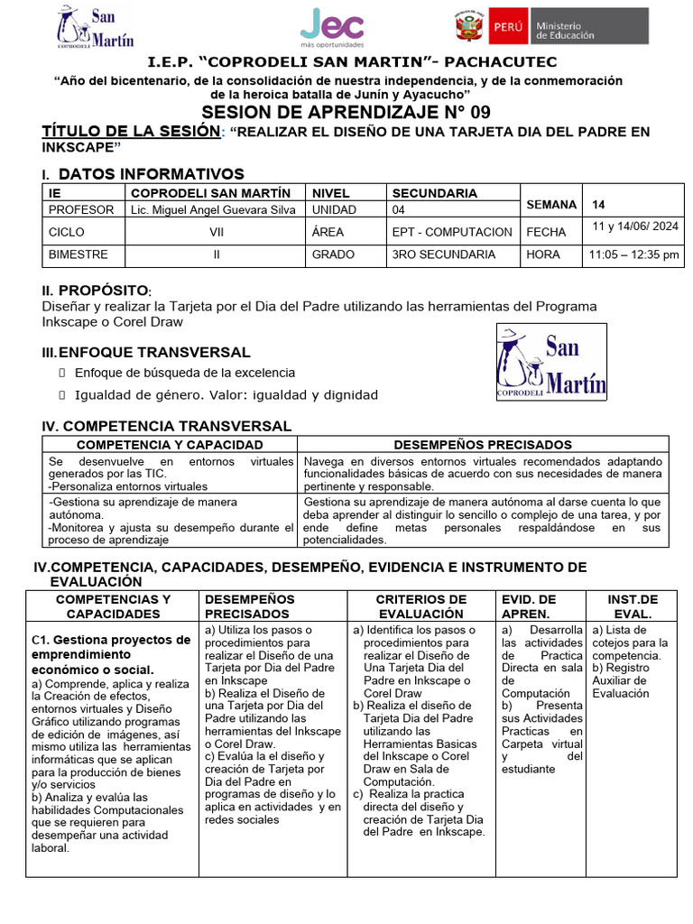Sesion de Aprendizaje Ept Computacion 3ro Coprodeli SM 2024 Clase 10 | PDF | Diseño | Evaluación