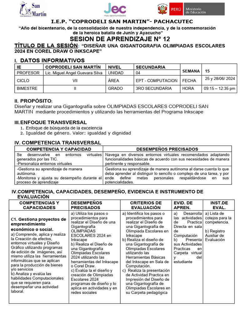 Sesion de Aprendizaje Ept Computacion 3ro Coprodeli SM 2024 Clase 12 | PDF | Diseño | Evaluación