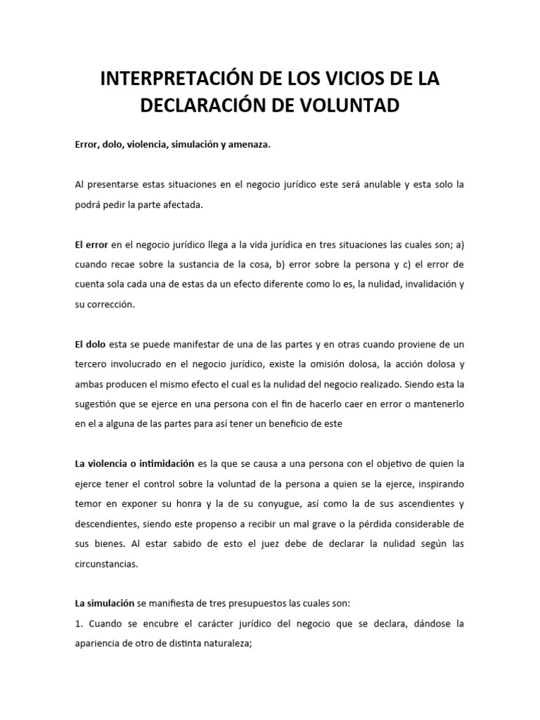 Interpretación de Los Vicios de La Declaración de Voluntad | PDF | Intención (Derecho Penal ...