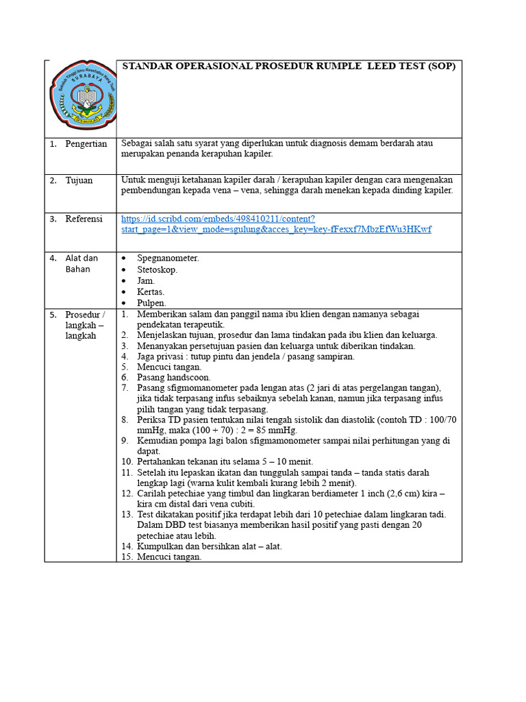 Standar Operasional Prosedur Rumple Leed Test | PDF