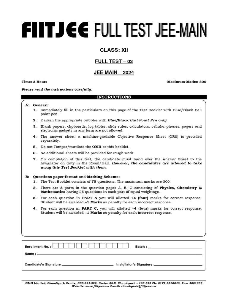 @bohring Bot Paper Full Syllabus Test p03 Jee Main 090124 | PDF ...