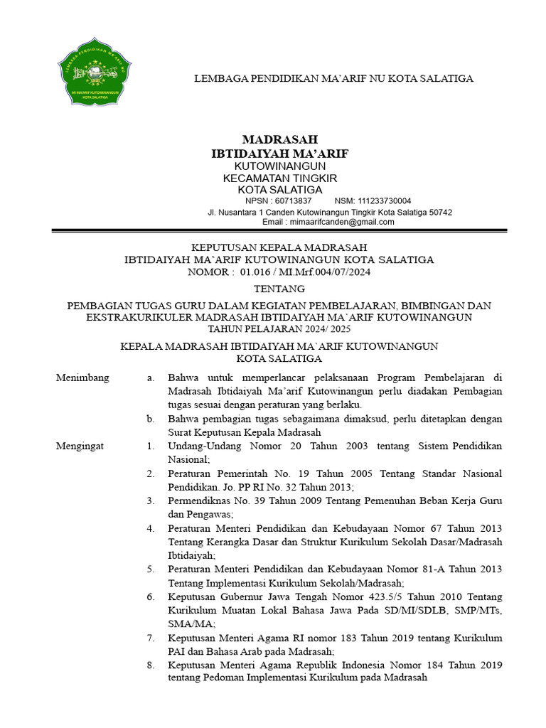 SK Pembagian Tugas Guru Mi Ma'arif Kutowinangun Tahun 2024-2025 | PDF