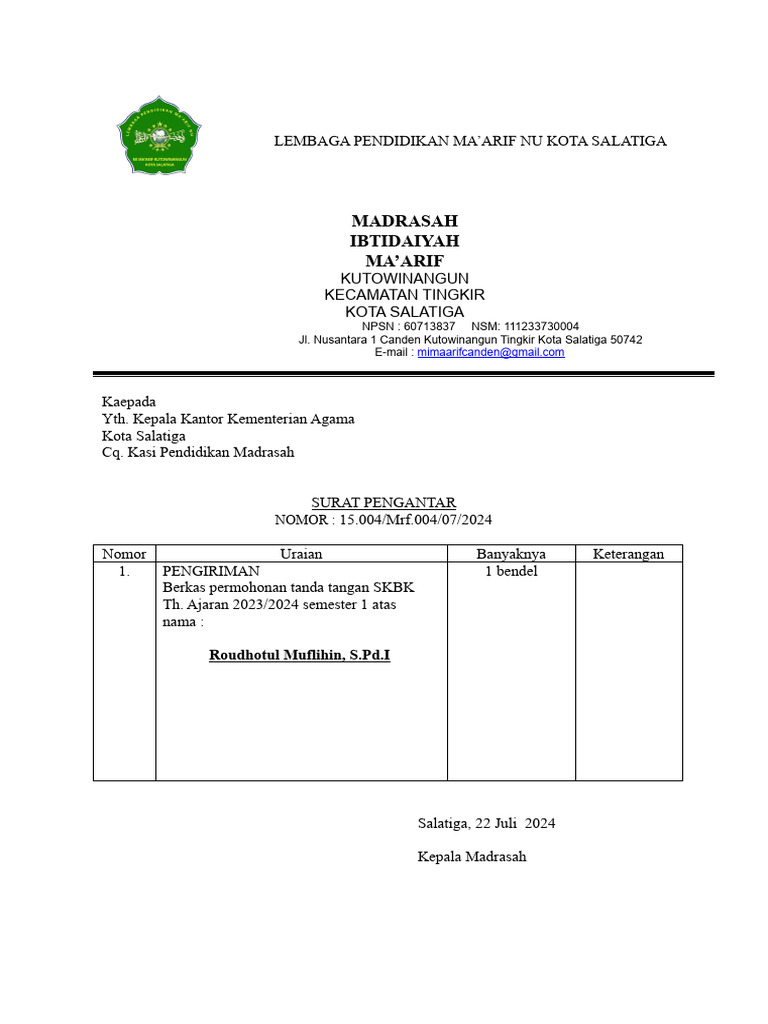 Surat Pengantar Pengajuan SKBK Semester 2 2023-2024 | PDF