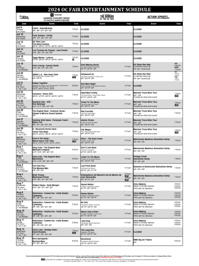 2024OCFairEntertainmentChart-1 | PDF | Musical Groups | Musicians