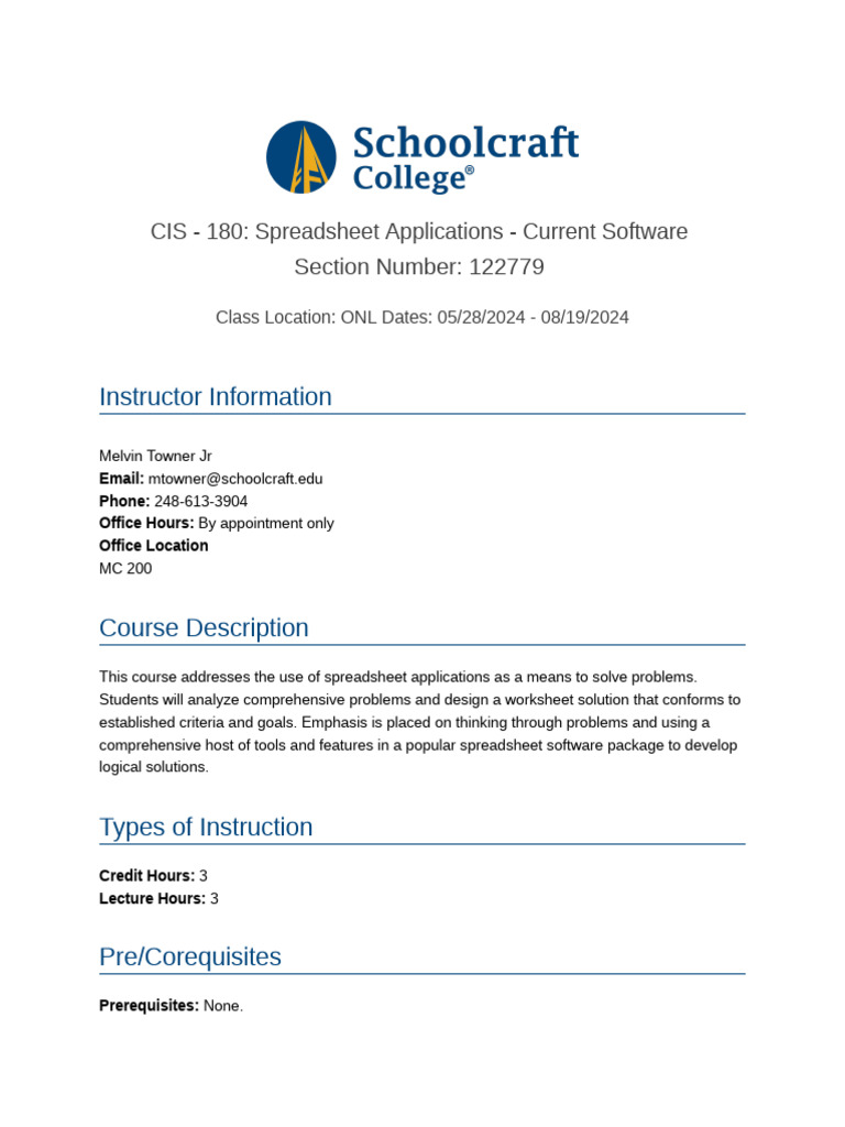 Spring 2024 CIS 180 122779 Spreadsheet Applications Current Software ...