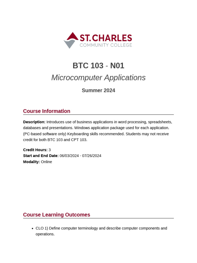 Summer 2024 BTC 103 N01 Microcomputer Applications | PDF | Academic ...
