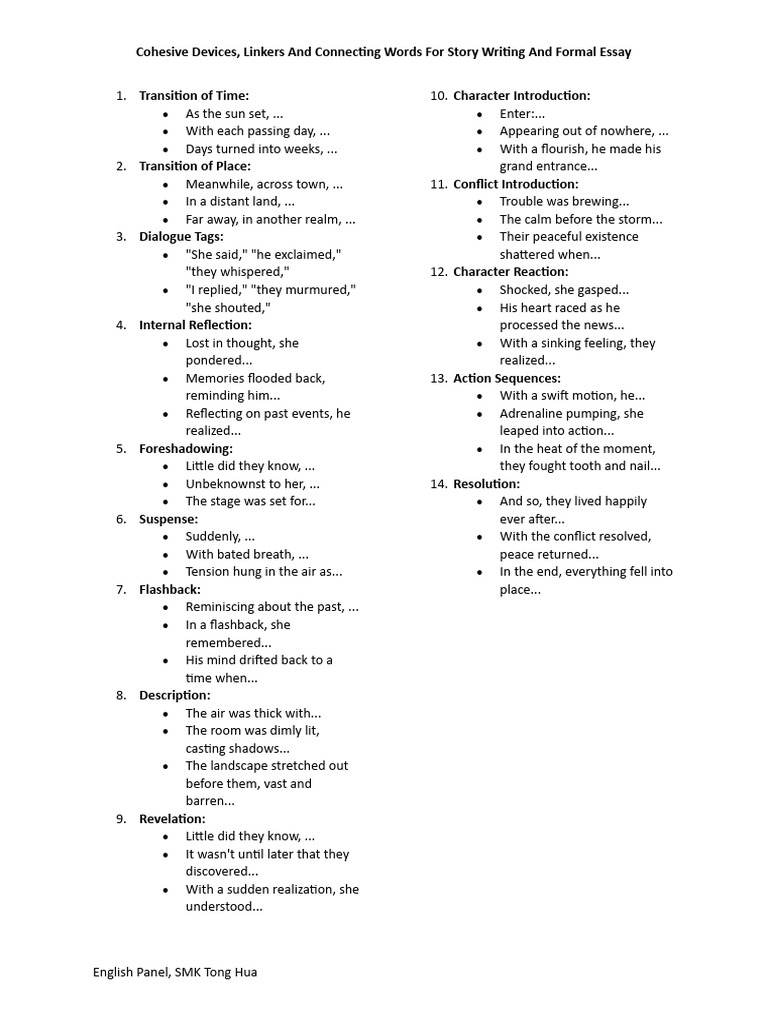 Cohesive Devices and Useful Sentences For Story Writing | PDF