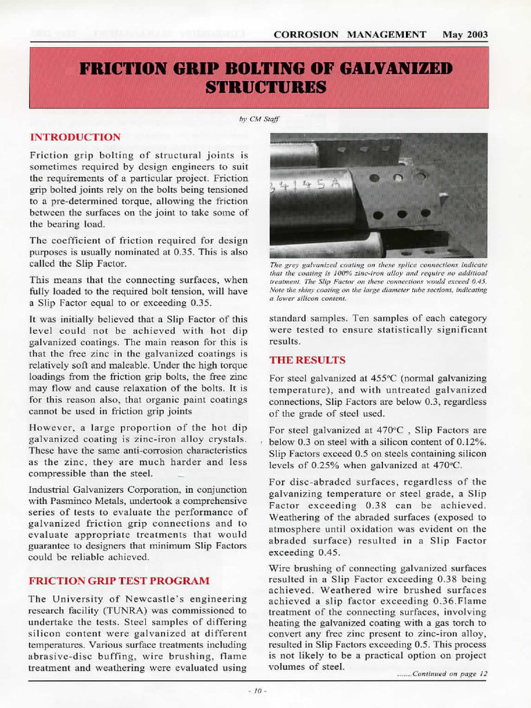 Friction Grip Bolting of Galvanised Joints | PDF
