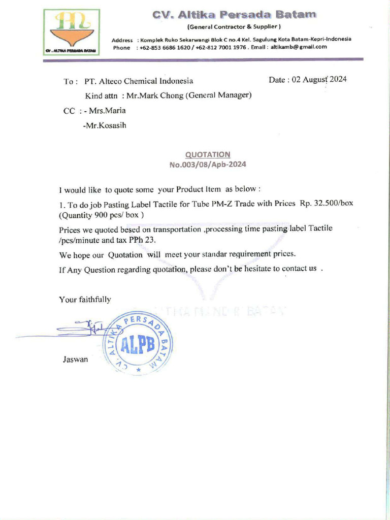 Quotation CV Altika Persada | PDF