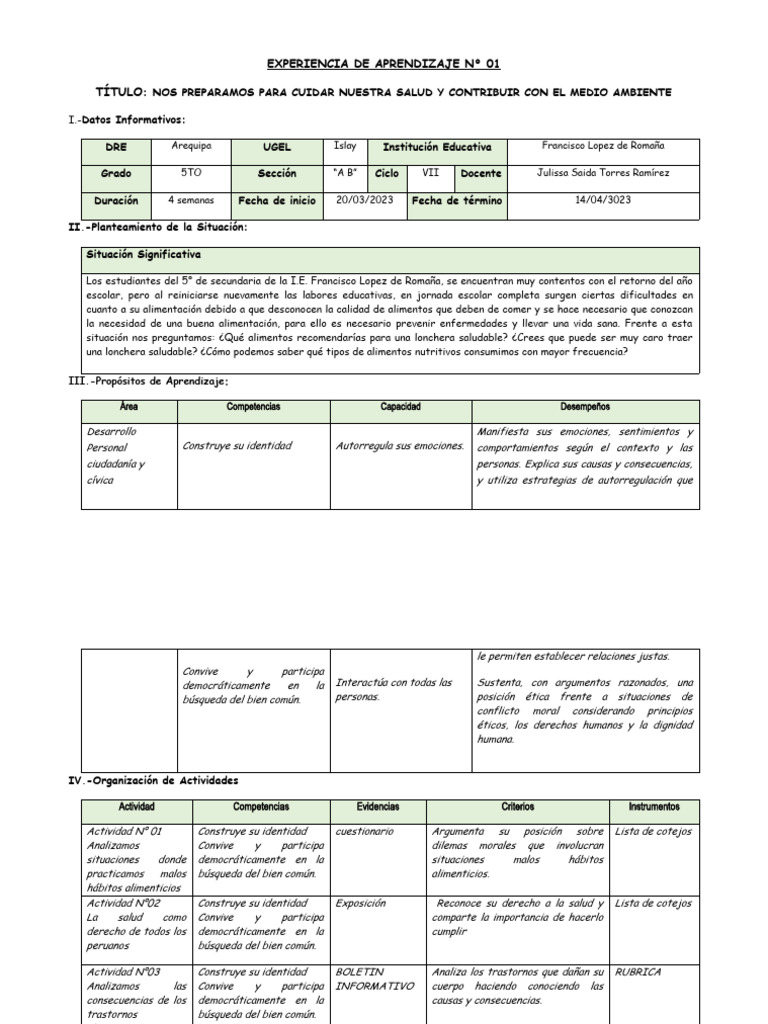 EXPERIENCIA DE APRENDIZAJE N°01 5TO 2023 | PDF | Aprendizaje | Las emociones
