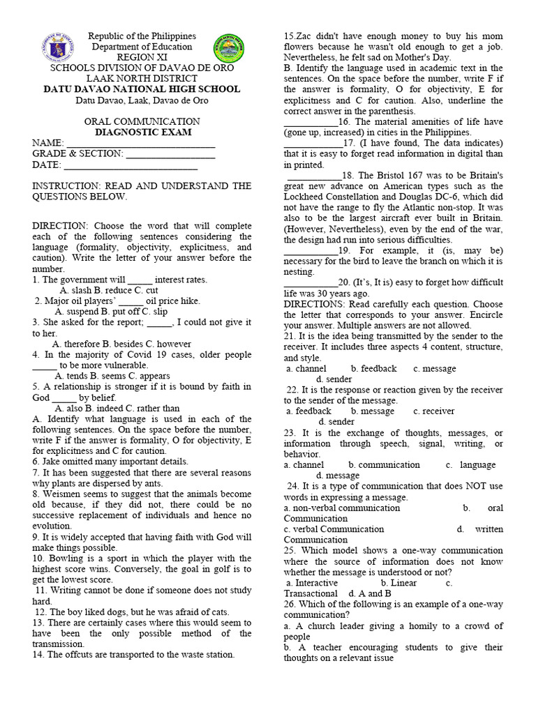 Oral Communication Diagnostic Exam | PDF | Communication ...