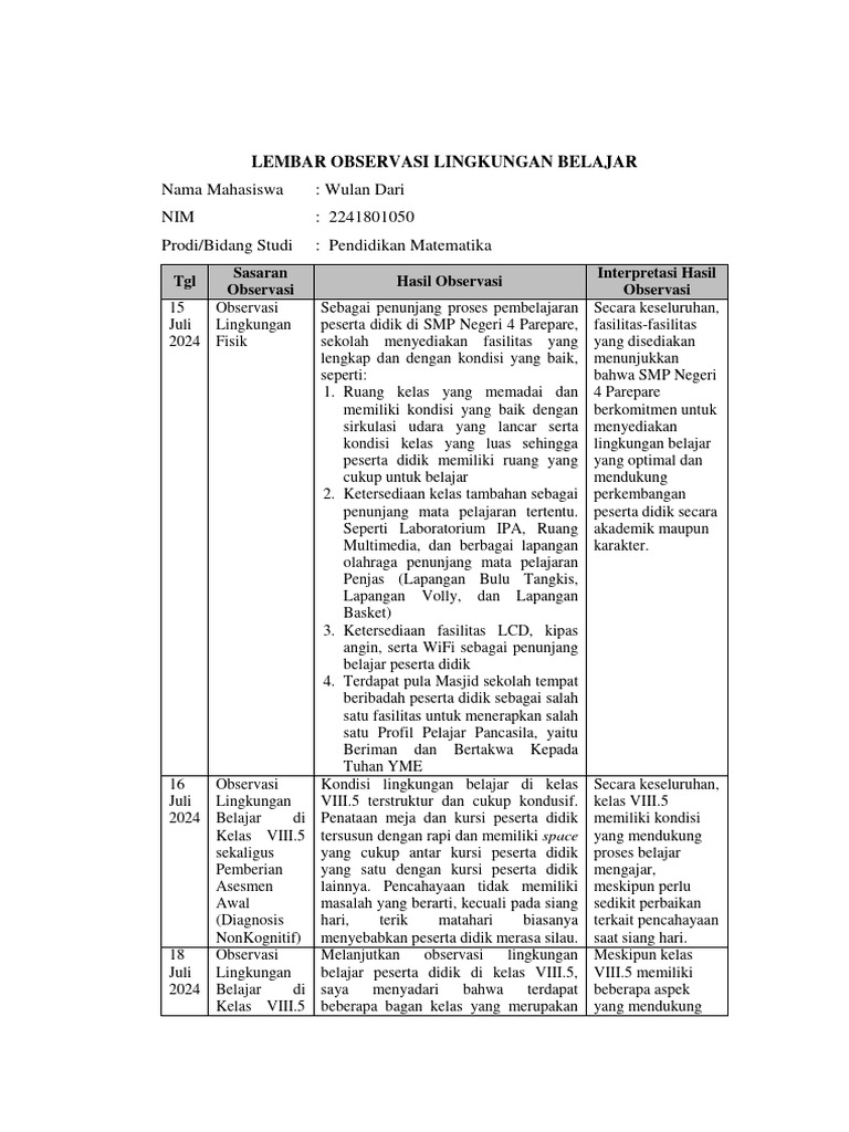 PPL 2 Lembar Observasi Lingkungan Belajar Di Sekolah | PDF