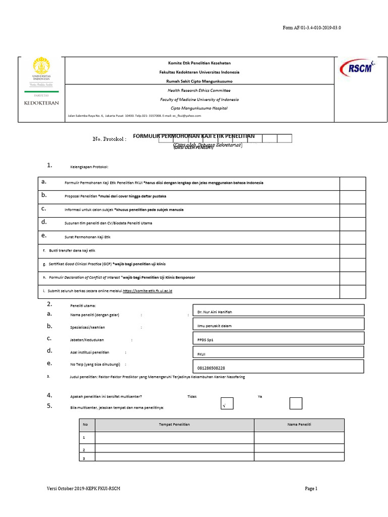 c1. Formulir Etik (Subjek Manusia) Aini Word | PDF