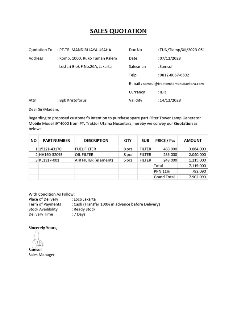 Sales Quotation for Spare Parts | PDF