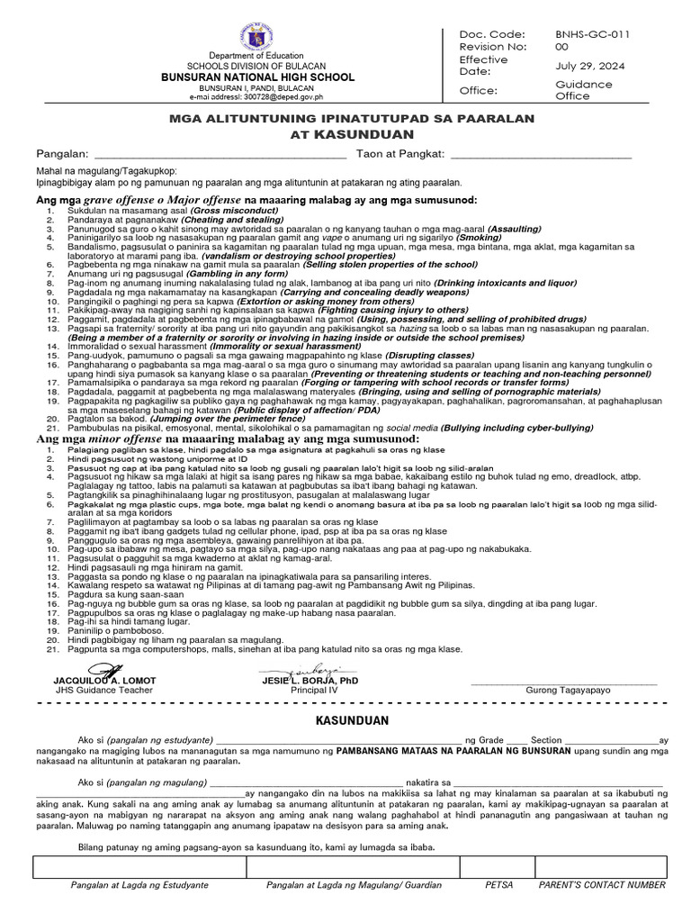 SY 2024 2025 - Guidance Form 11 - Alituntunin at Kasunduan | PDF