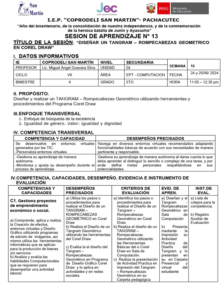 Sesion de Aprendizaje Ept Computacion 5to Coprodeli SM 2024 Clase 13 | PDF | Diseño | Aprendizaje