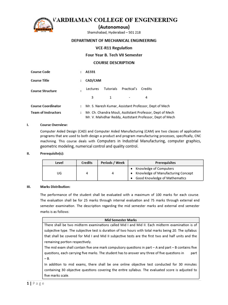 CAD - CAM Course Description 2014-15 | PDF | Engineering | Computer ...