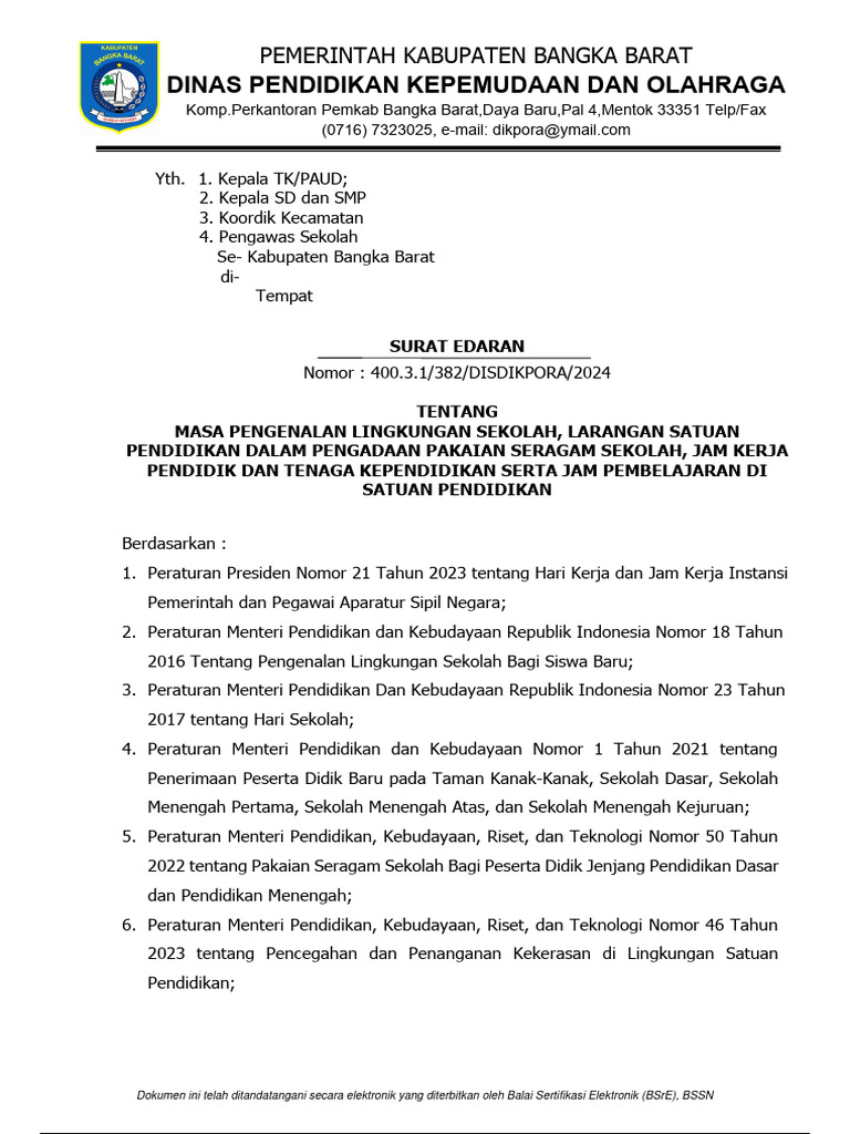 Surat Edaran Tahun Ajaran 2024 2025 Kabupaten Bangka Barat | PDF