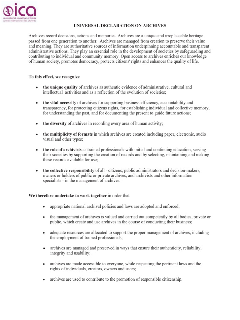 ICA Universial Declaration On Archives 2010 Eng | PDF