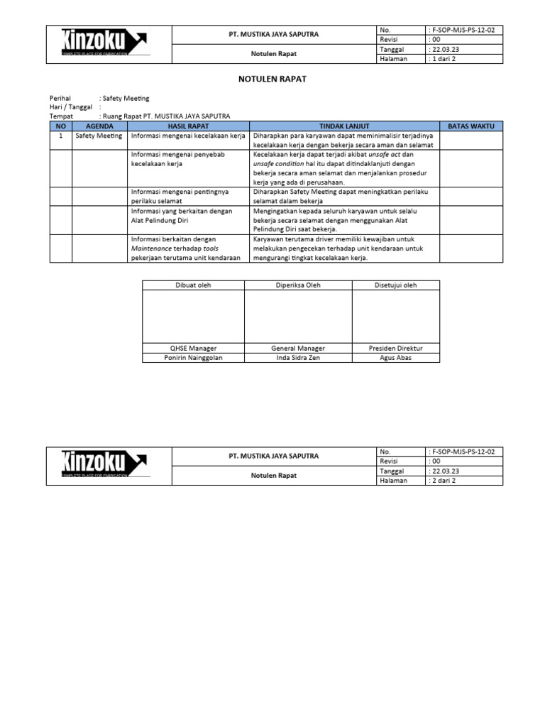 Form Notulen Rapat - Safety Meeting | PDF