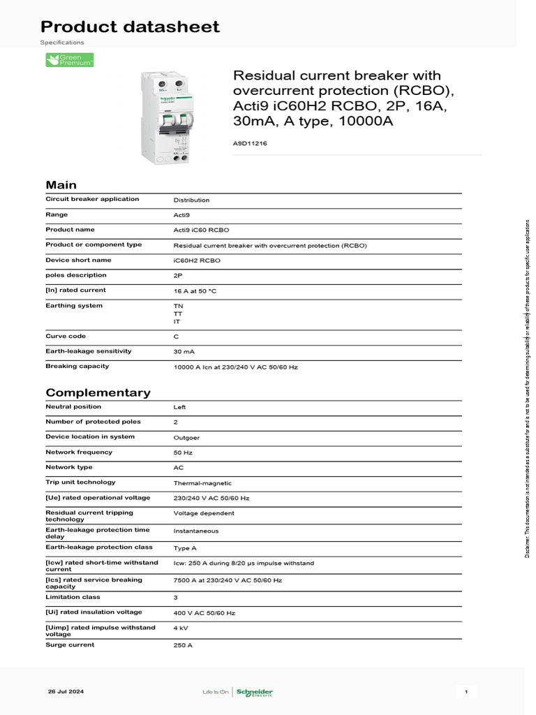 Schneider Electric Acti9-IC60-RCBO A9D11216 | PDF | Alternating Current ...