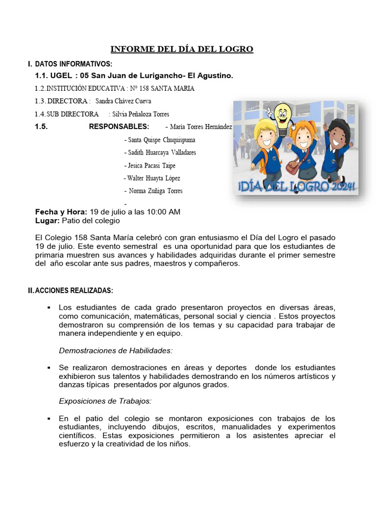 INFORME DEL DÍA DEL LOGRO SEXTO GRADO PRIMARIA | PDF | Cognición | Aprendizaje