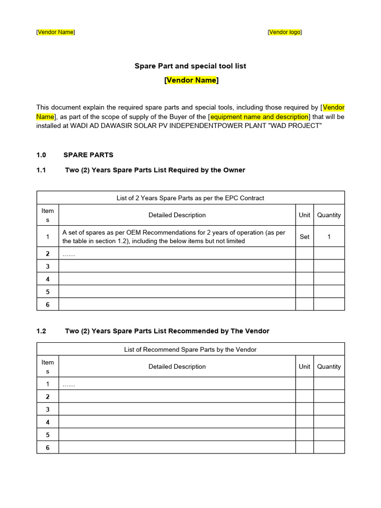 SparePartandSpecialTools Template | PDF | Supply Chain Management ...
