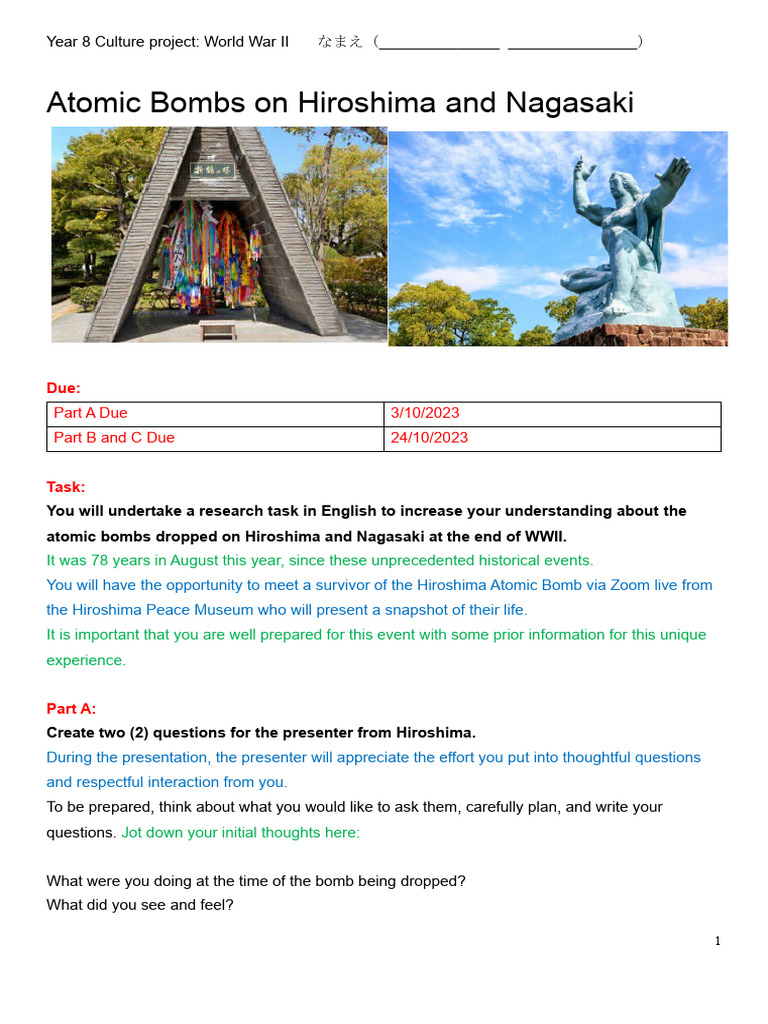 Year 8 WWII Atomic Bomb Project | PDF | Atomic Bombings Of Hiroshima ...