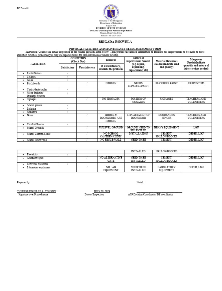 BE Form 1 PHYSICAL FACILITIES AND MAINTENANCE NEEDS ASSESSMENT FORM 1 | PDF