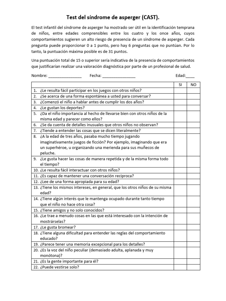 Test Del Sindrome Asperger - Cast | PDF | Síndrome de Asperger ...