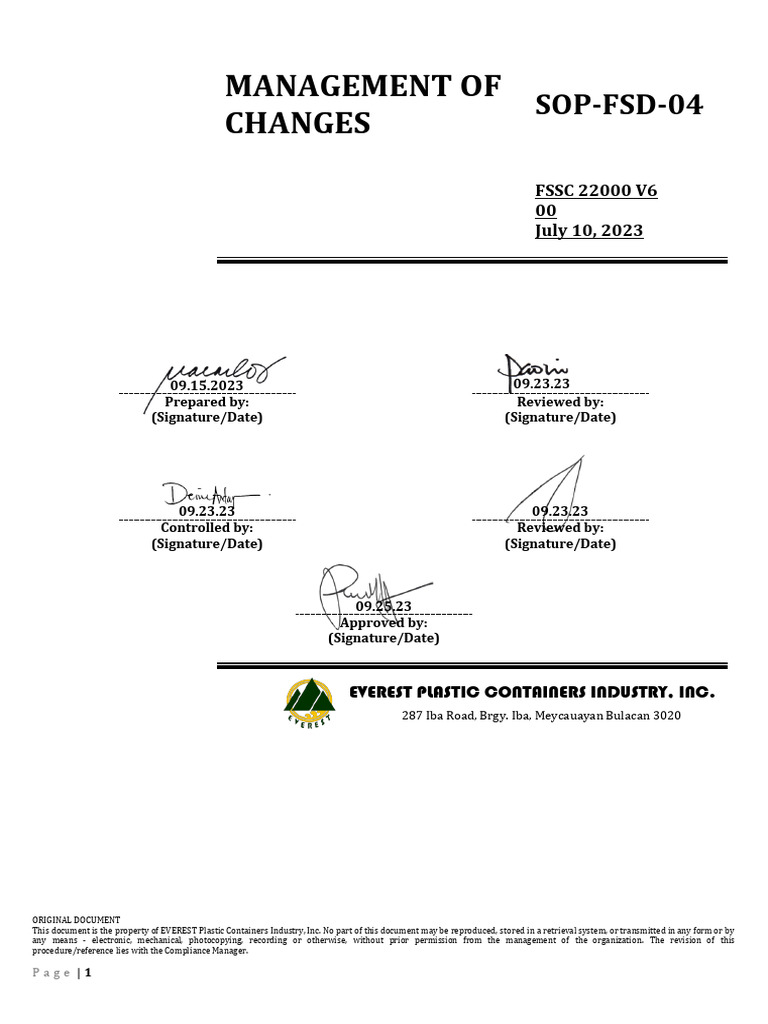 Change Management SOP for FSSC 22000 | PDF | Food Safety | Evaluation