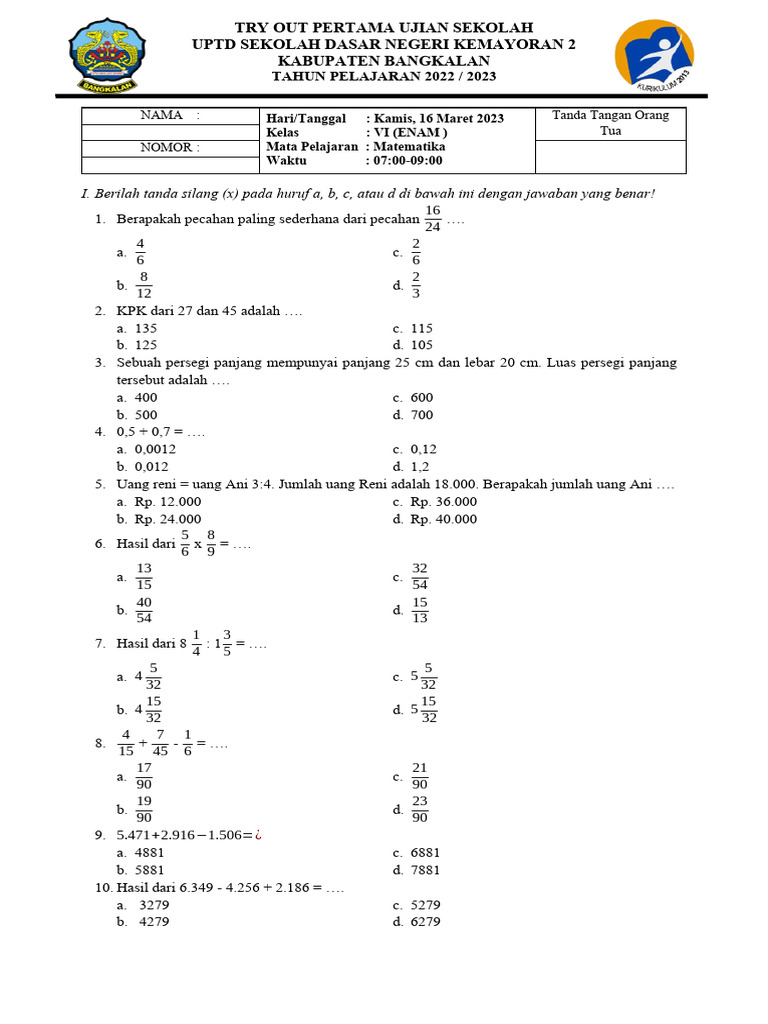 Soal Try Out Mateatika | PDF | Metode & Bahan Ajar