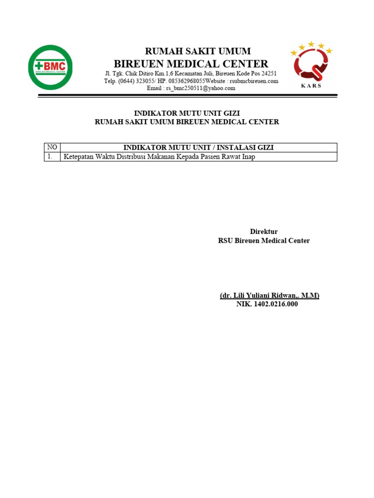 Indikator Mutu Unit Gizi | PDF