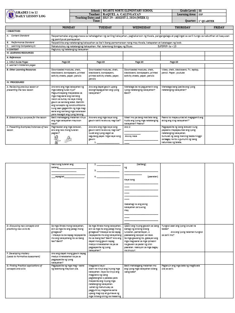 DLL ESP 3 QUARTER 1 WEEK 3 | PDF