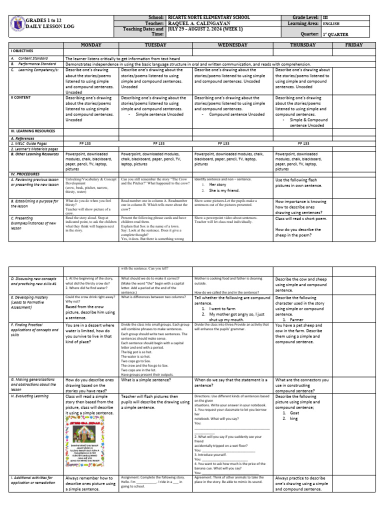 DLL ENGLISH 3 QUARTER 1 WEEK 3 | PDF | Learning | Human Communication