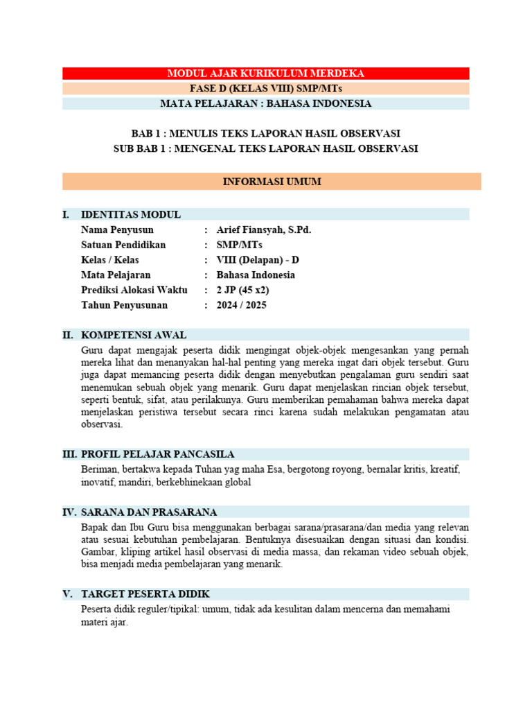 Modul Ajar Bab 1 Fase D (Materi Teks Lho) | PDF
