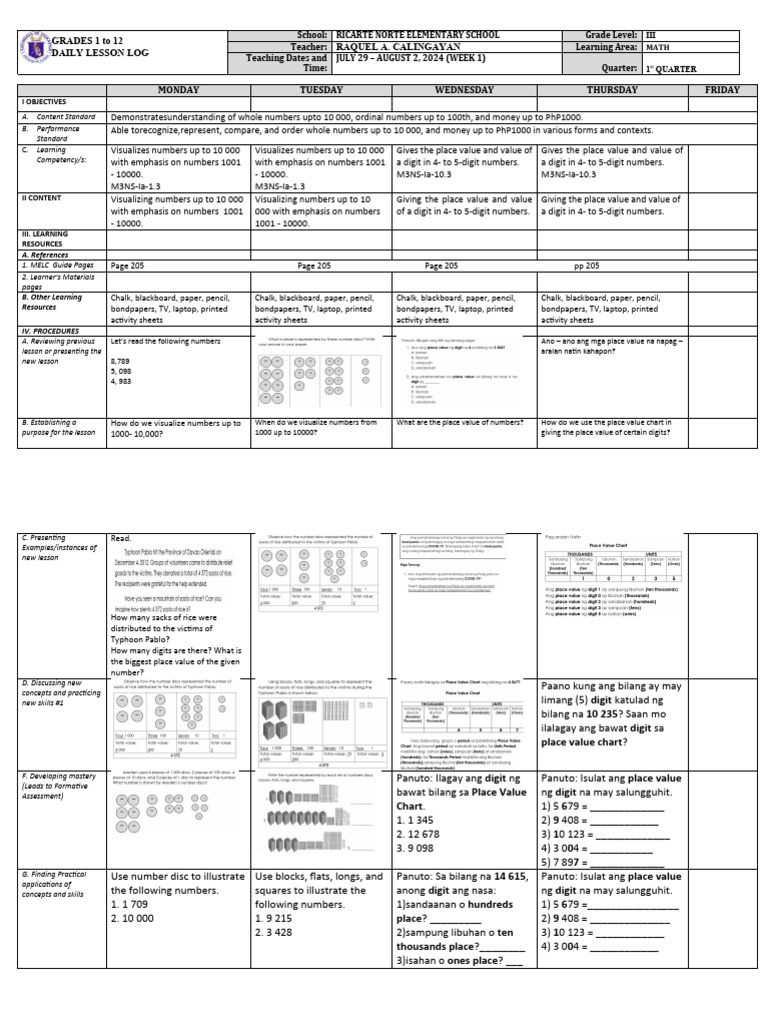 DLL Math 3 Quarter 1 Week 1 | PDF | Pedagogy | Education Theory