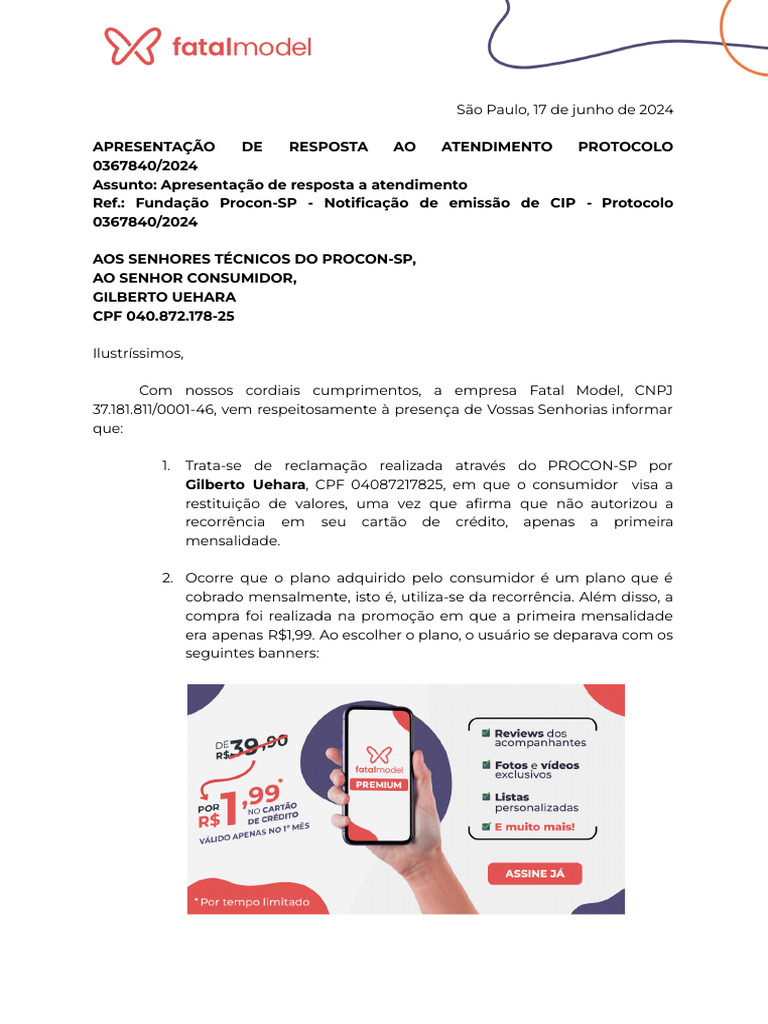 Resposta Procon SP - PROTOCOLO 0367840 - 2024 | PDF | Cartão de crédito | Crédito